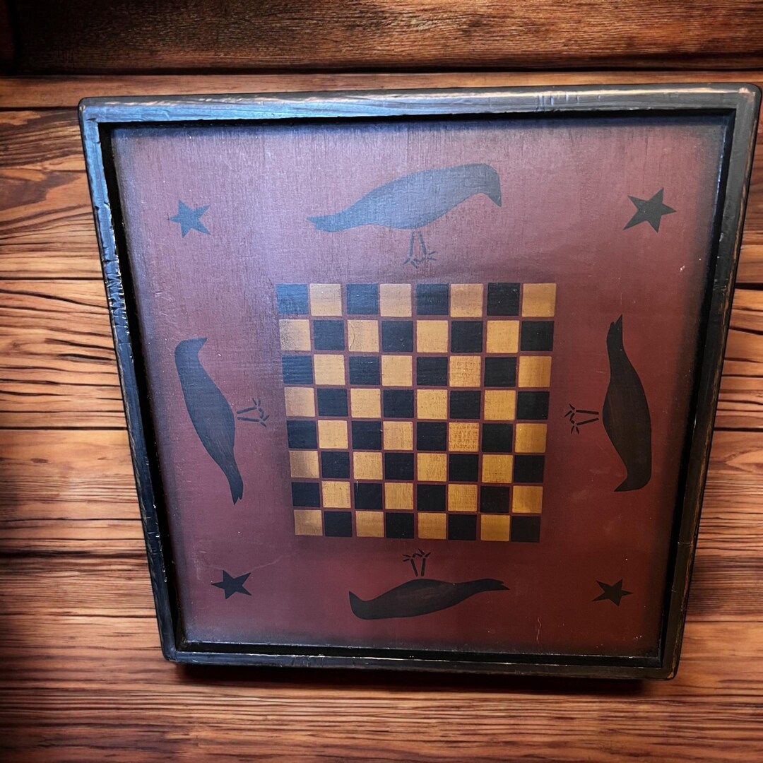 Vintage 1980's Folk Art Handmade Primitive Country Checkerboard Game ...