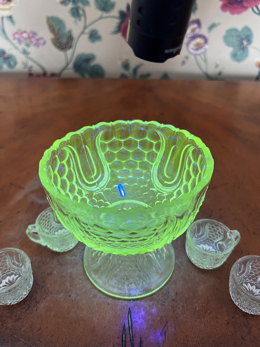 Vintage Miniature UV Manganese Glow Cut Glass Punch Bowl and 4 Cups - Etsy