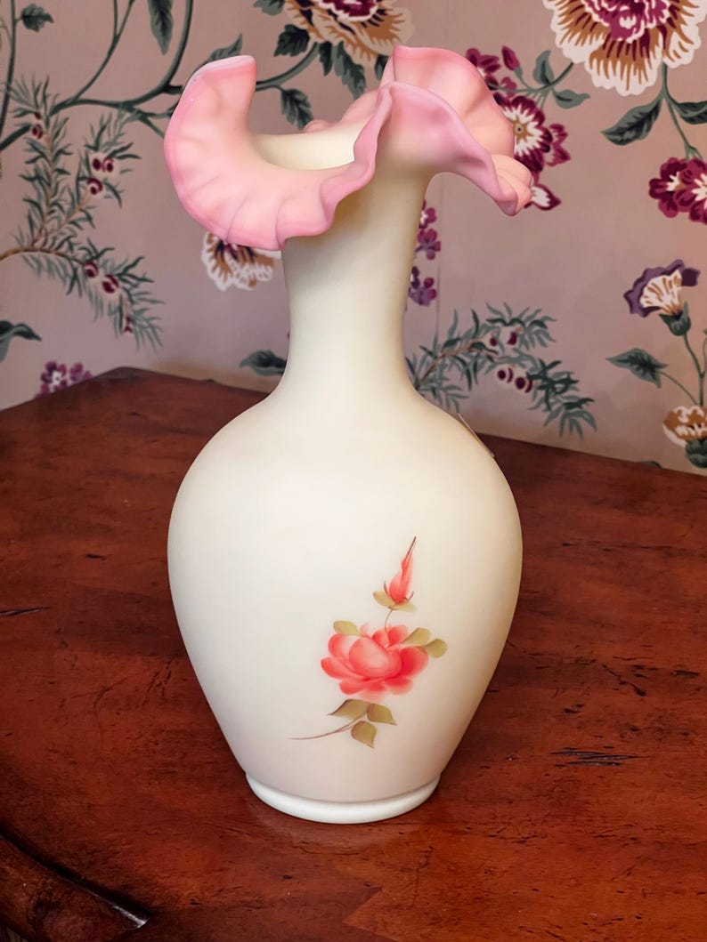 Fenton Vintage Large Burmese Satin Uranium Signed Roses Vase - Etsy