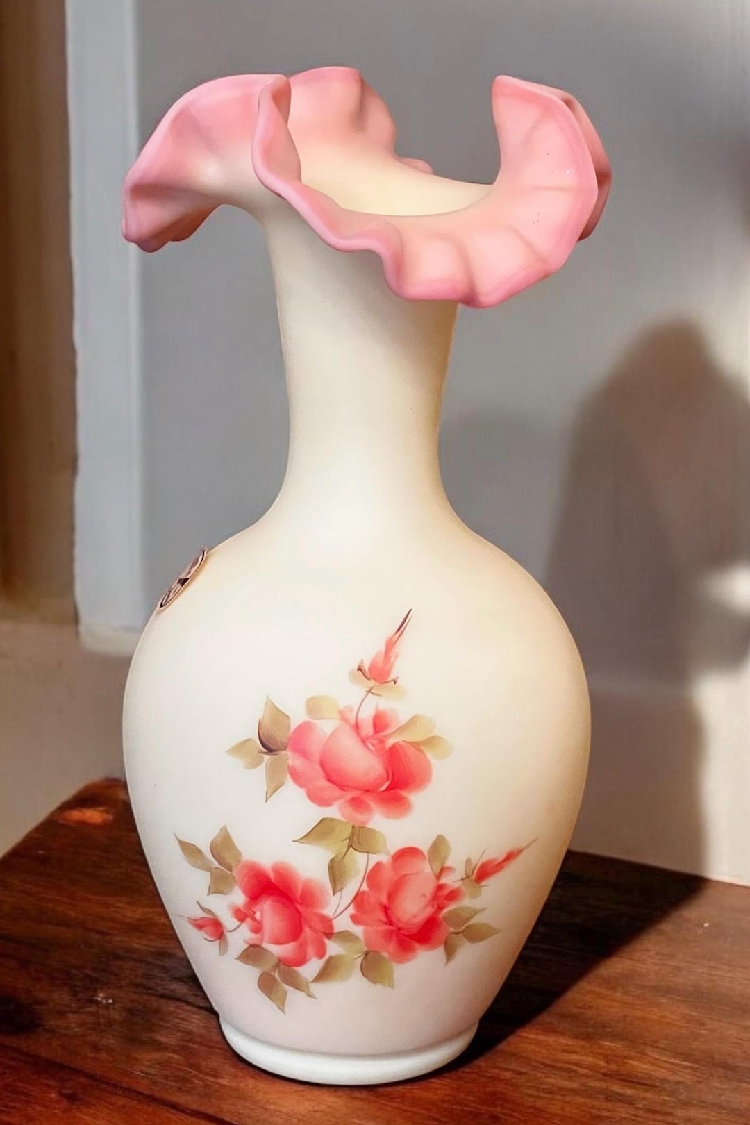 Fenton Vintage Large Burmese Satin Uranium Signed Roses Vase - Etsy