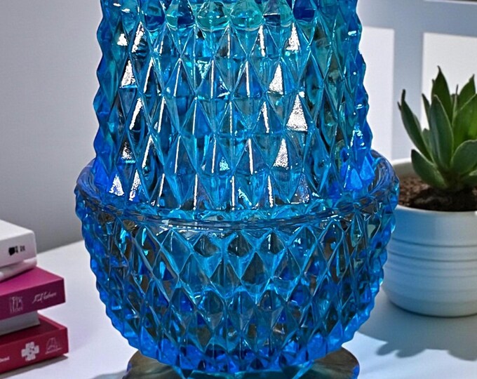 RARE! Indiana Glass Vintage Peacock Blue Diamond Point 2 Piece Fairy ...