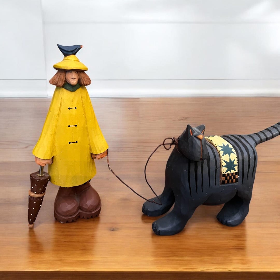 Vintage 1998 Williraye Studio Folk Art Girl Walking Cat NIB - Etsy