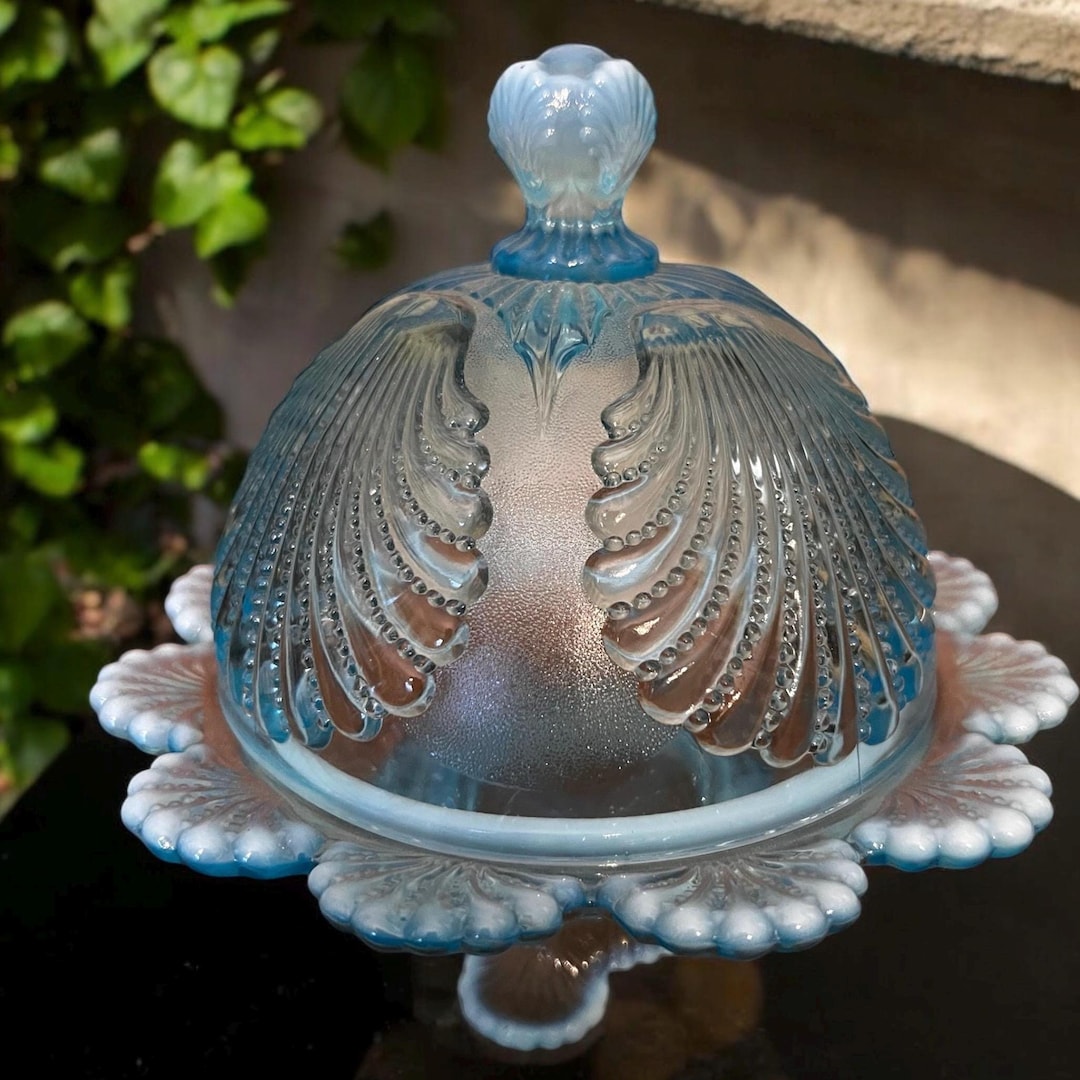 Vintage Mosser Glass Blue Opalescent Shell UV Reactive Butter Dish - Etsy