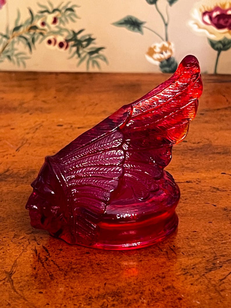 Vintage Guernsey Ruby Red Amberina Glass Pontiac Indian Chief Head Hood ...