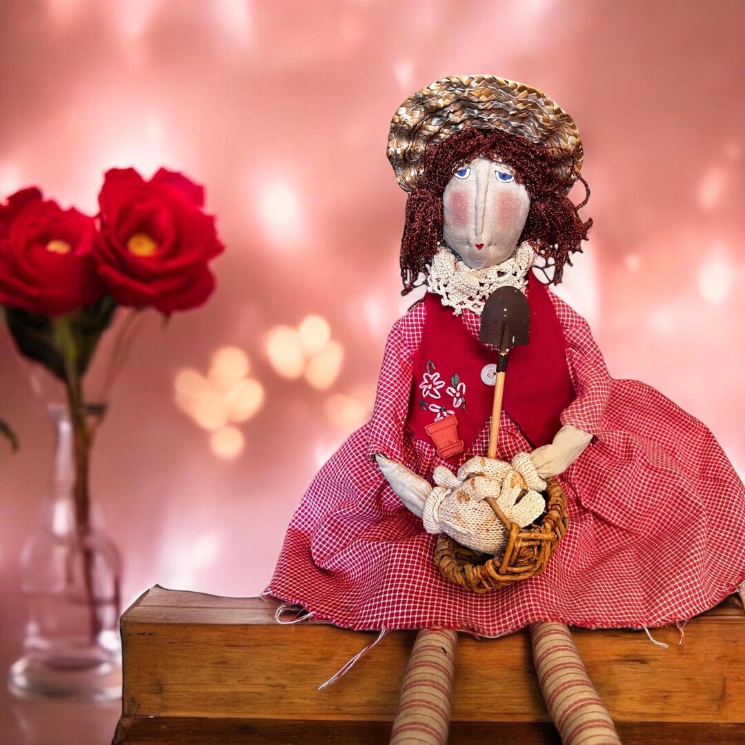 Vintage Primitive Folk Art Handmade Gardening Doll 23" - Etsy