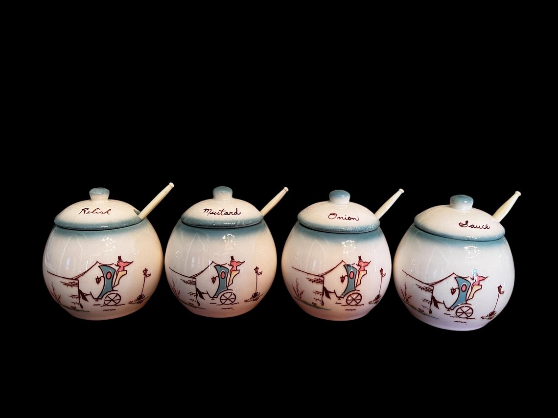 Vintage Set of 4 Porcelain Condiment Jars With Original Celluloid ...