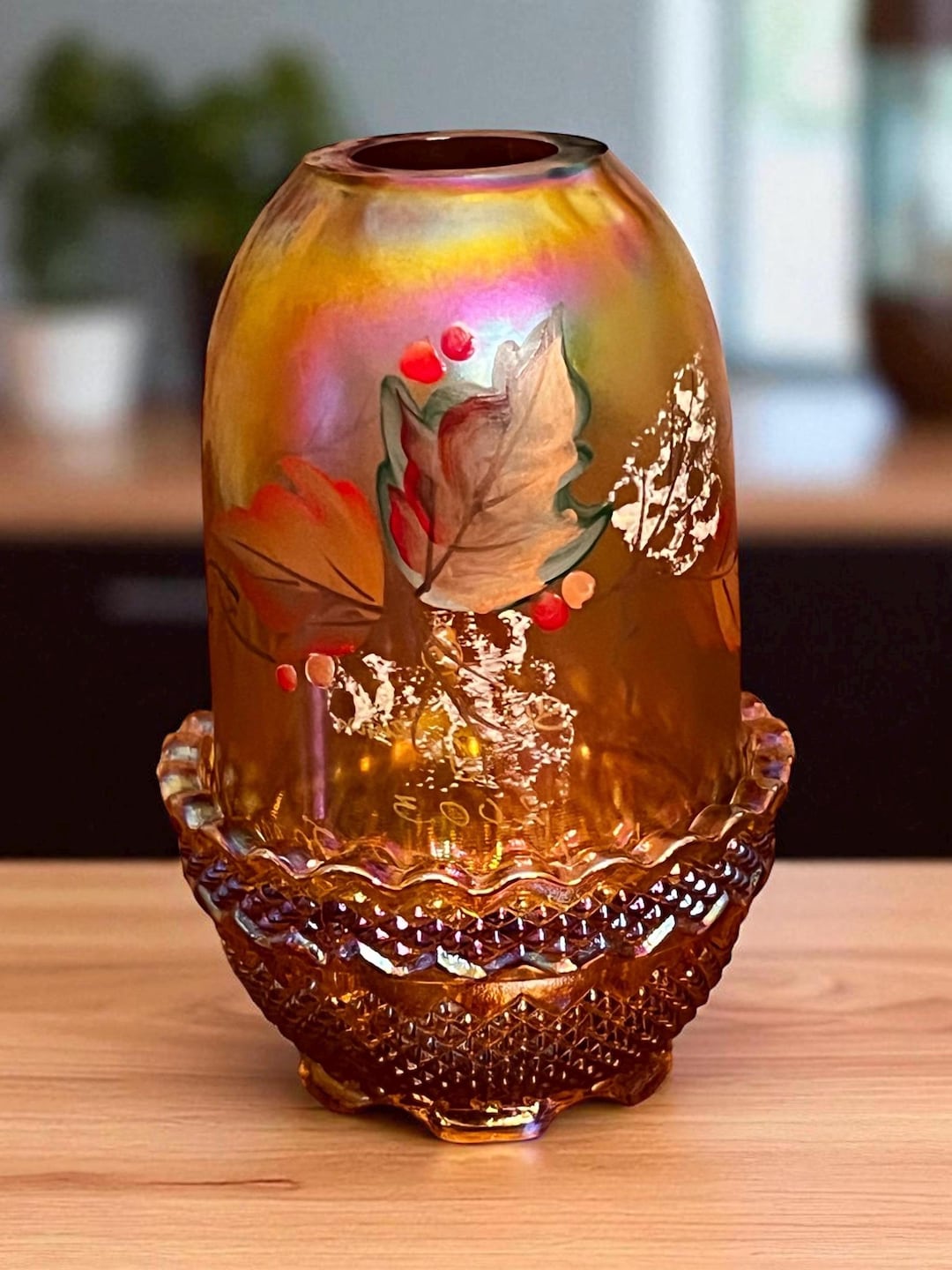 RARE! Vintage Fenton Leaves on Autumn Gold Fairy Lamp Signed by Shelley ...