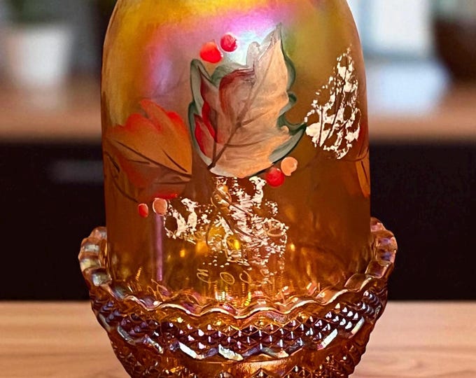 RARE! Vintage Fenton Leaves on Autumn Gold Fairy Lamp Signed by Shelley ...