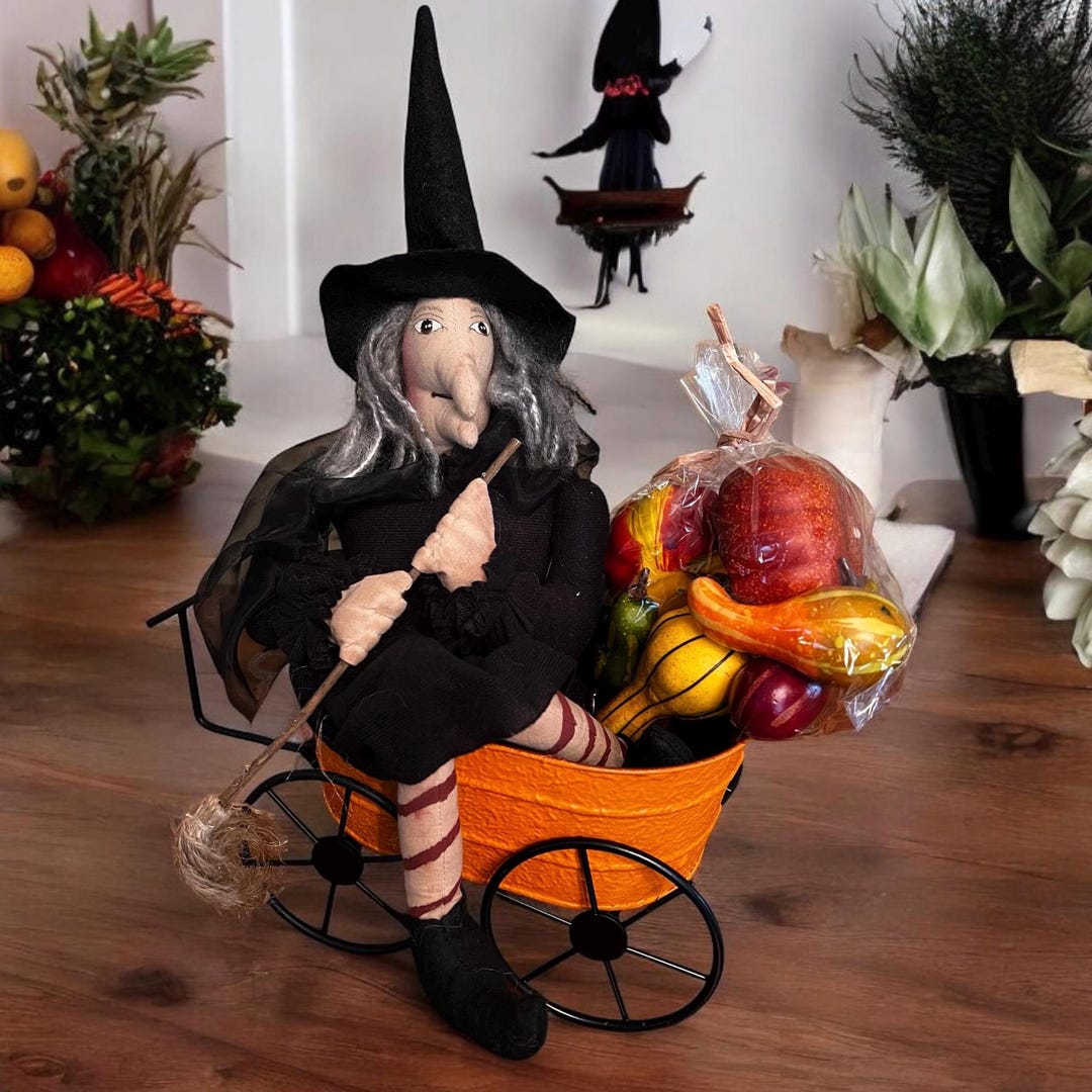 Vintage Spooky Halloween Witch With Metal Wagon and Gourds - Etsy