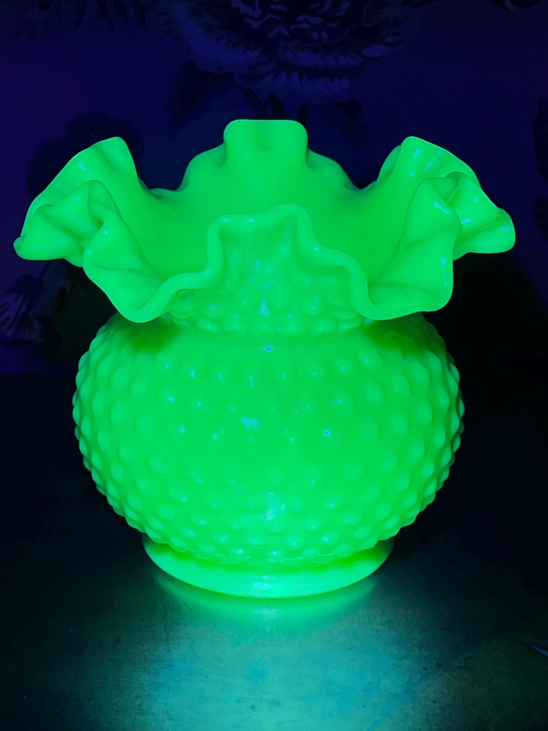 Fenton Mint Green Vaseline Uranium Glass Large Hobnail Ruffled Rose ...