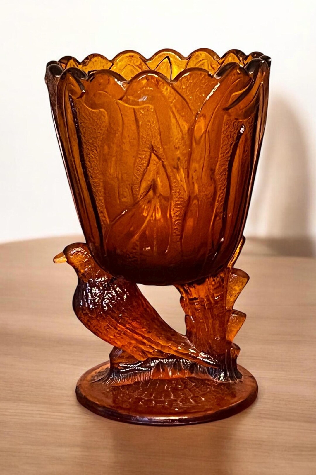 RARE Vintage Antique Degenhart Amber Glass Bird Pedestal Vase/planter ...