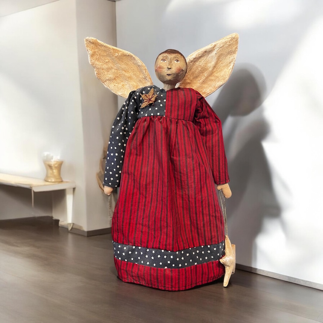 Vintage Sharon Andrews Folk Art Primitive Angel Patriotic Wall Hanging ...