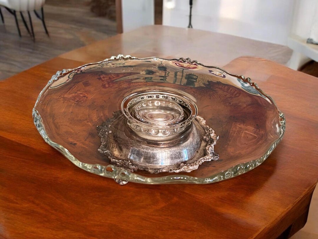 Antique Crown Hallmark Silverplate Guild Glass Lazy Susan Cake Stand UV ...
