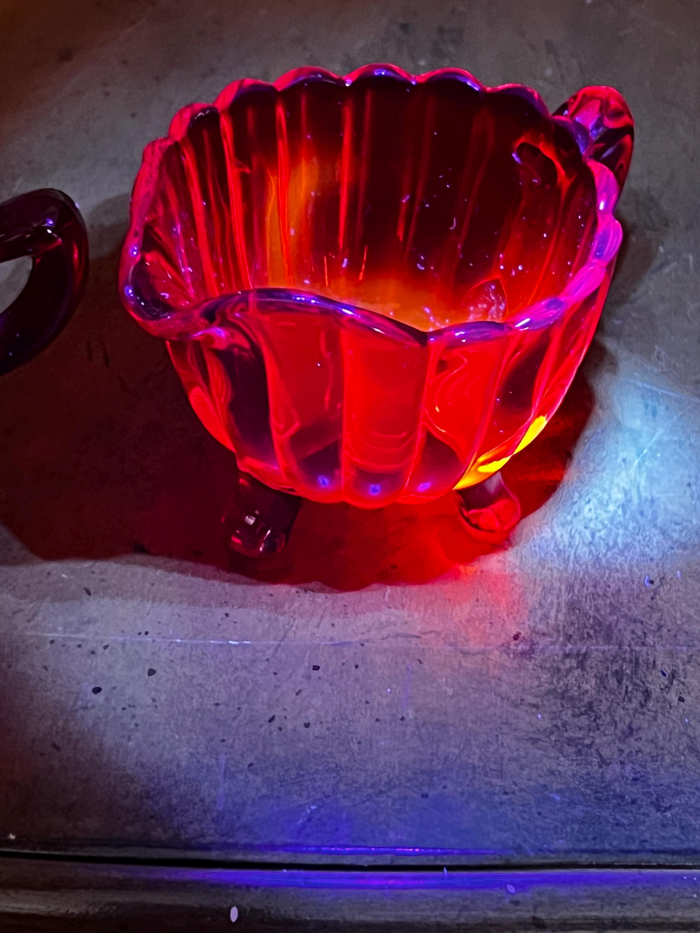 Vintage Ruby Red Amberina UV Reactive Glass Footed Ruffled Sugar and ...