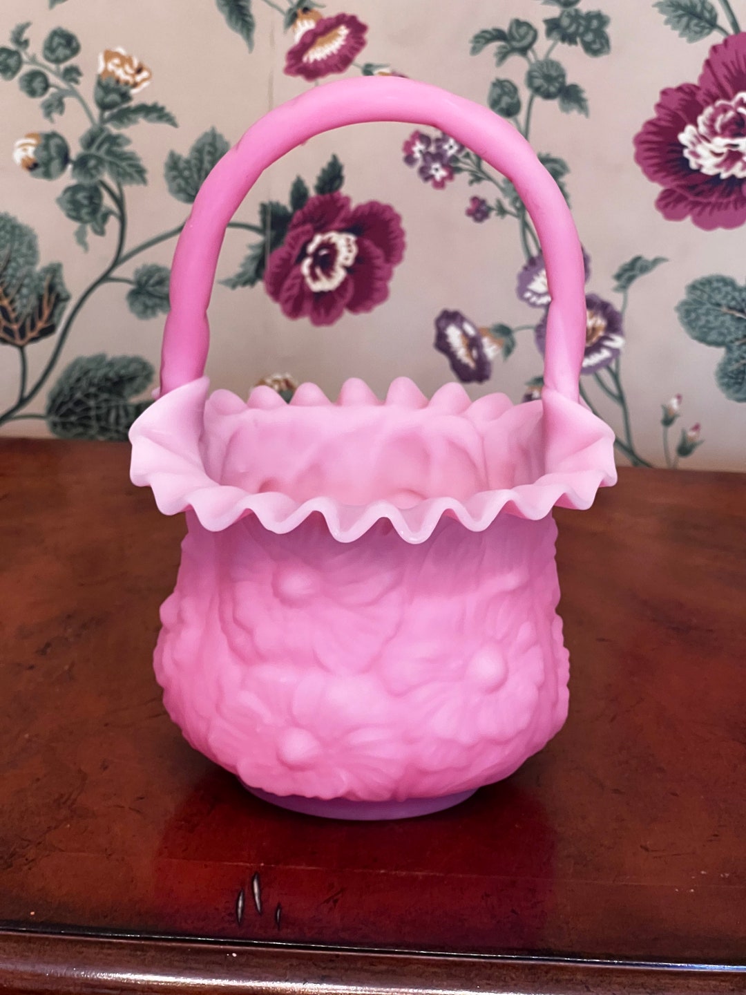 Vintage Pink Satin Glass Poppy Basket Rare Size! 10" Tall - Etsy