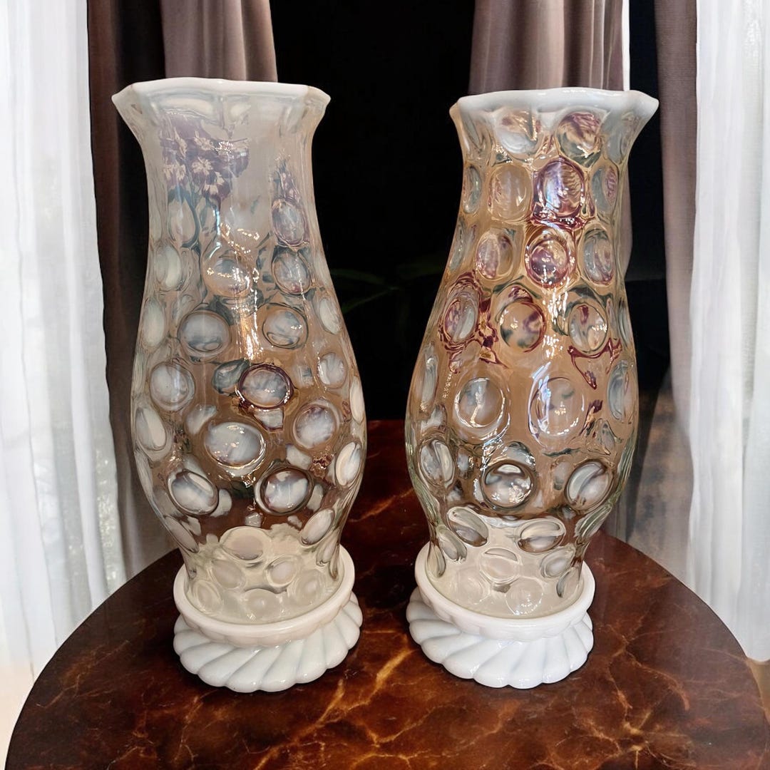 Fenton Vintage Opalescent UV Reactive Coin Dot Large Hurricane Lamps ...