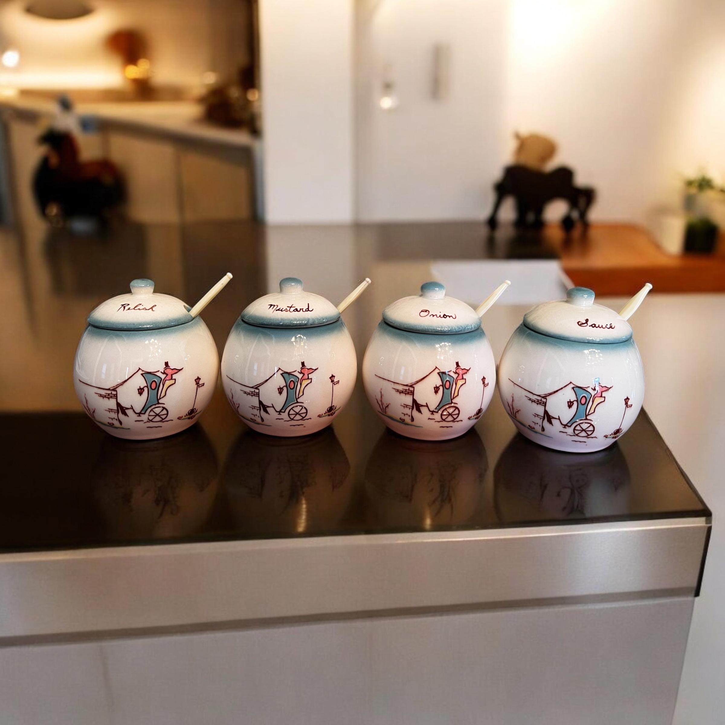 Vintage Set of 4 Porcelain Condiment Jars With Original Celluloid ...
