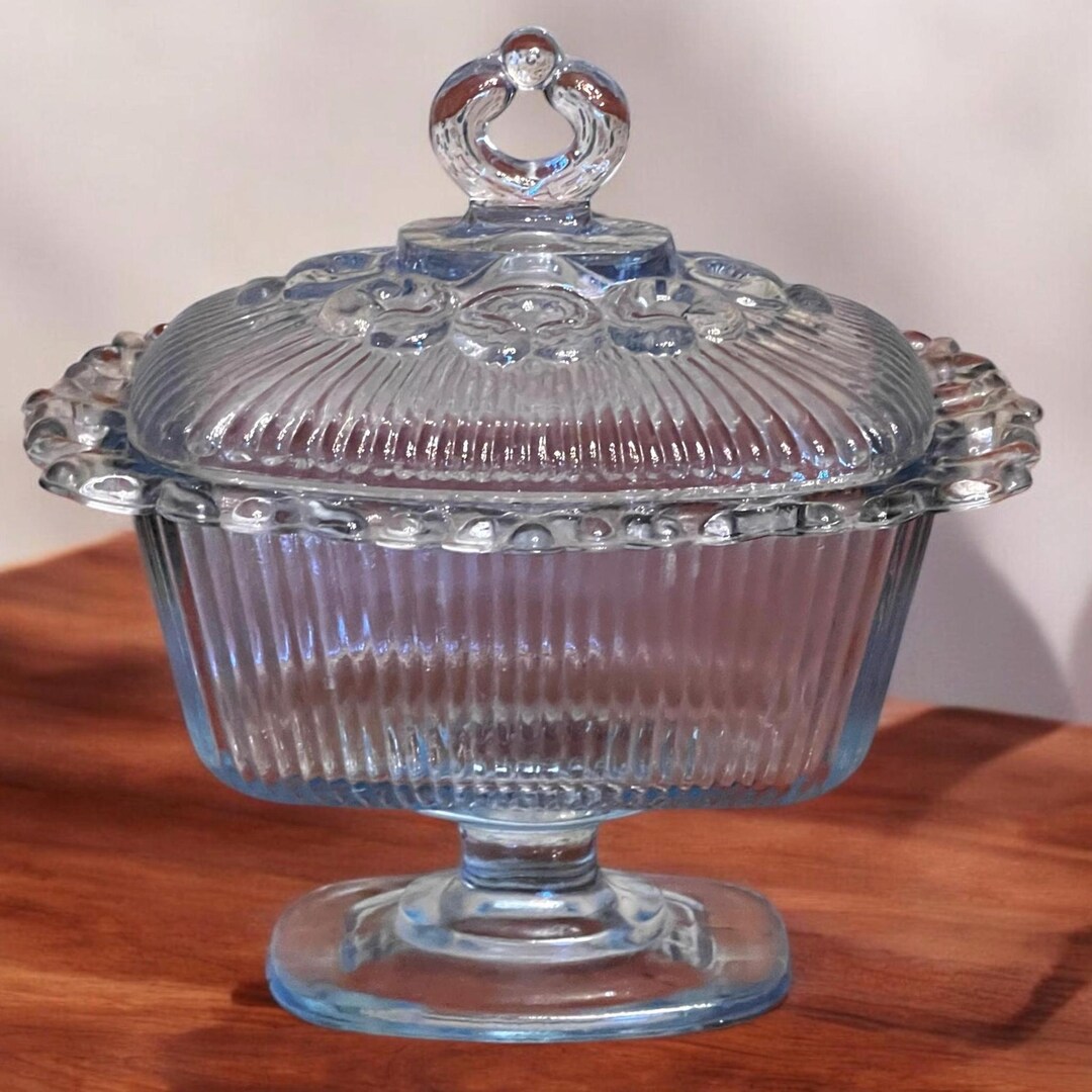 Antique Vintage Indiana Glass Sky Blue UV Reactive Lace Edge Covered ...