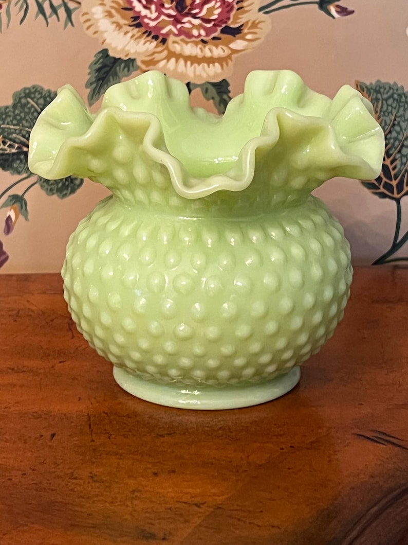 Fenton Mint Green Vaseline Uranium Glass Large Hobnail Ruffled Rose ...