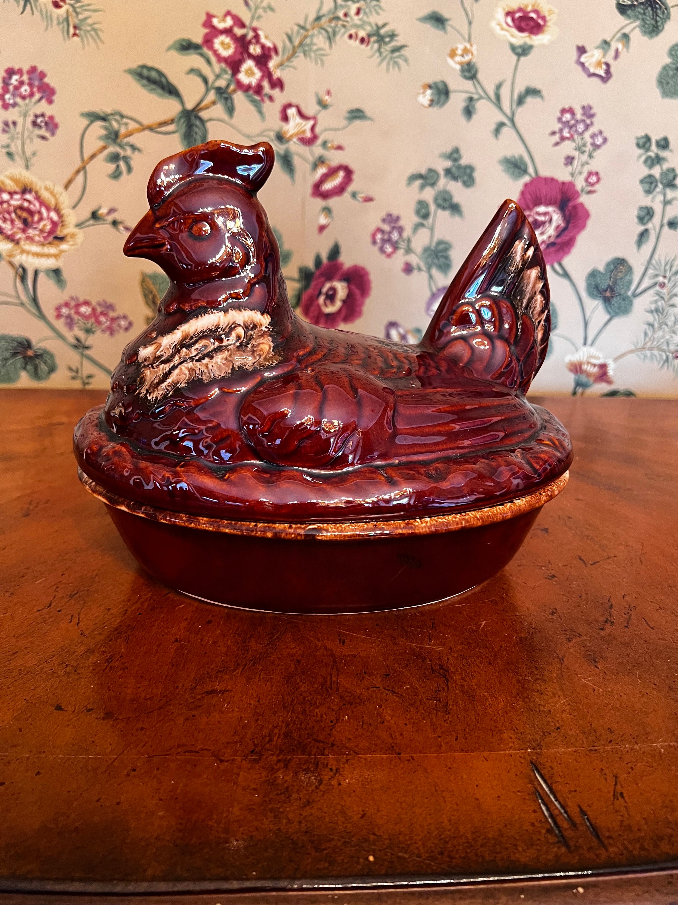Vintage Hull Art Pottery Brown Drip Hen on Nest Large Covered Casserole ...