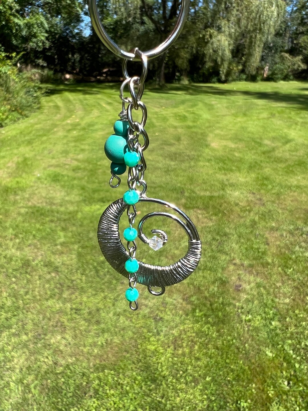 Silver Spiral Keychain With Green Beads - Etsy