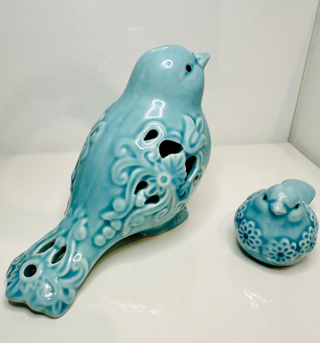 Vintage Ceramic Celadon Lattice Blue Bird, Songbird Figurine, 2 Birds ...