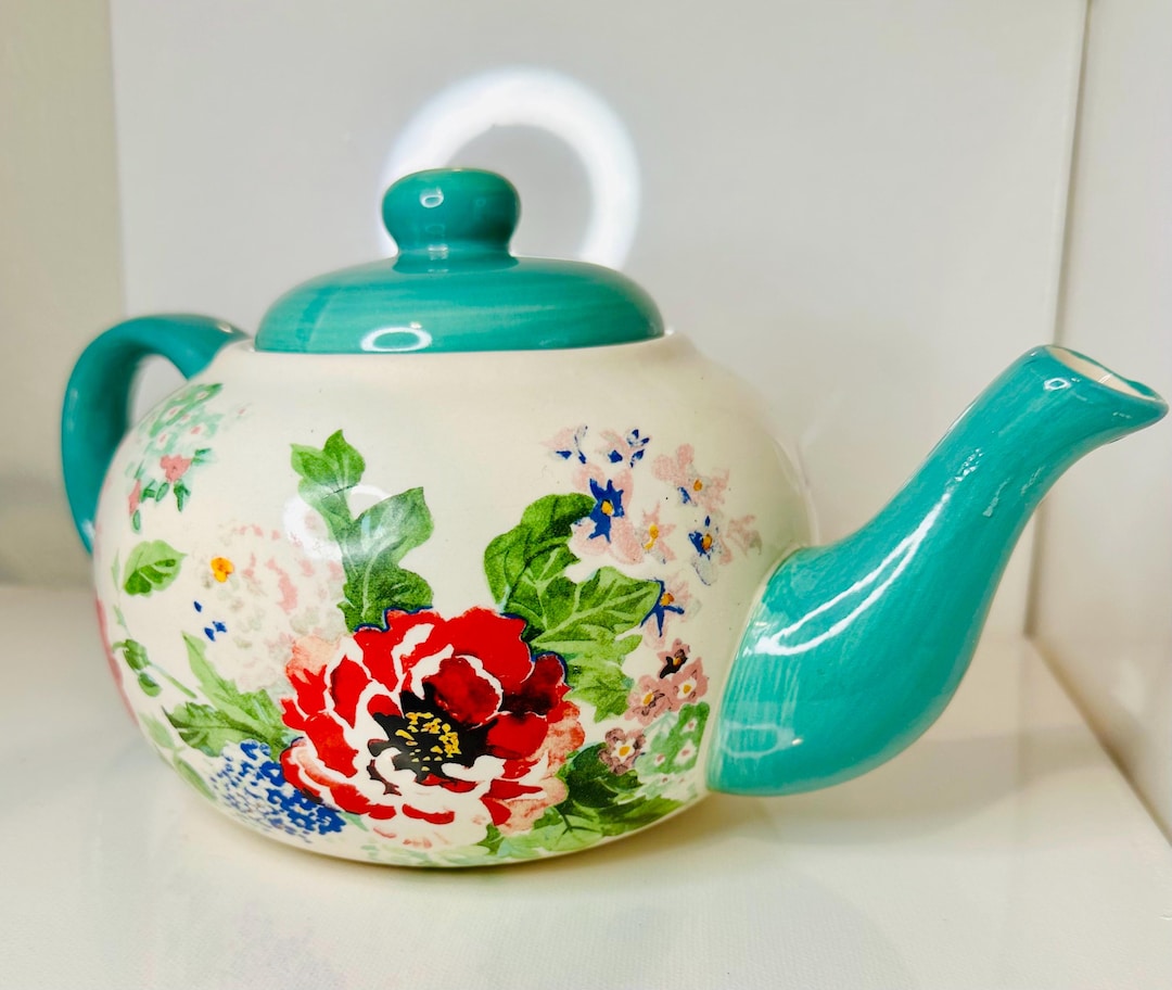 The Pioneer Woman Country Garden Teapot Teal-white Floral Shabby Chic ...