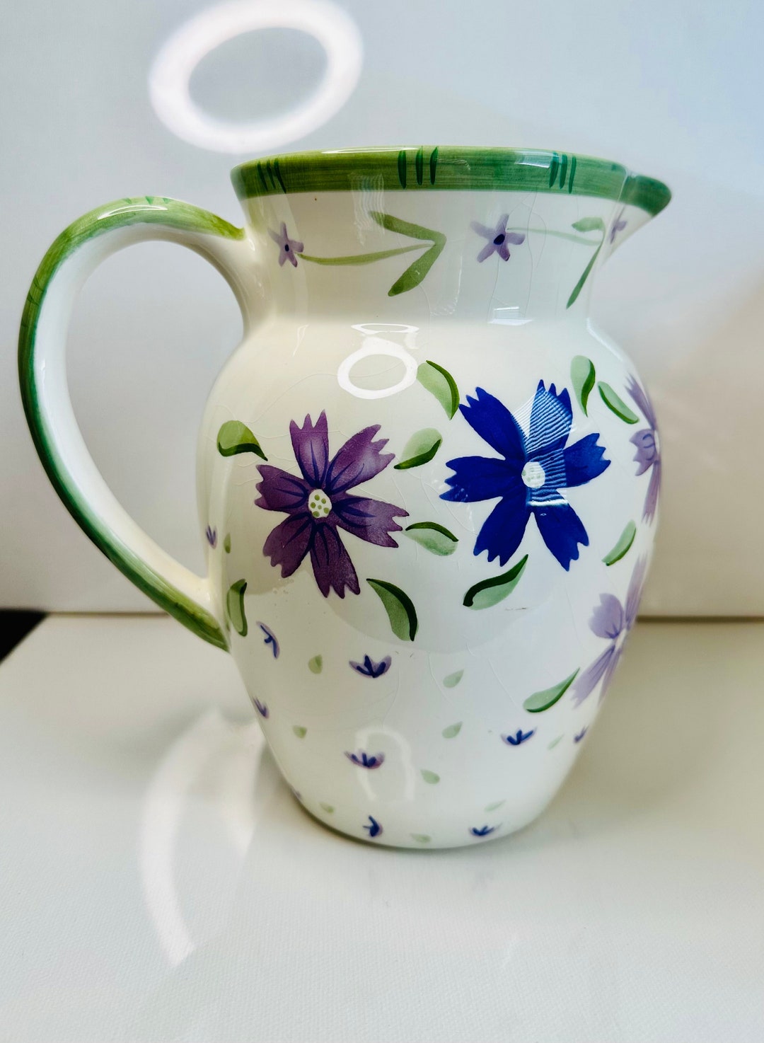 Ceramic Floral Pitcher Blue Yellow & Green Flowers Hand Painted - Etsy