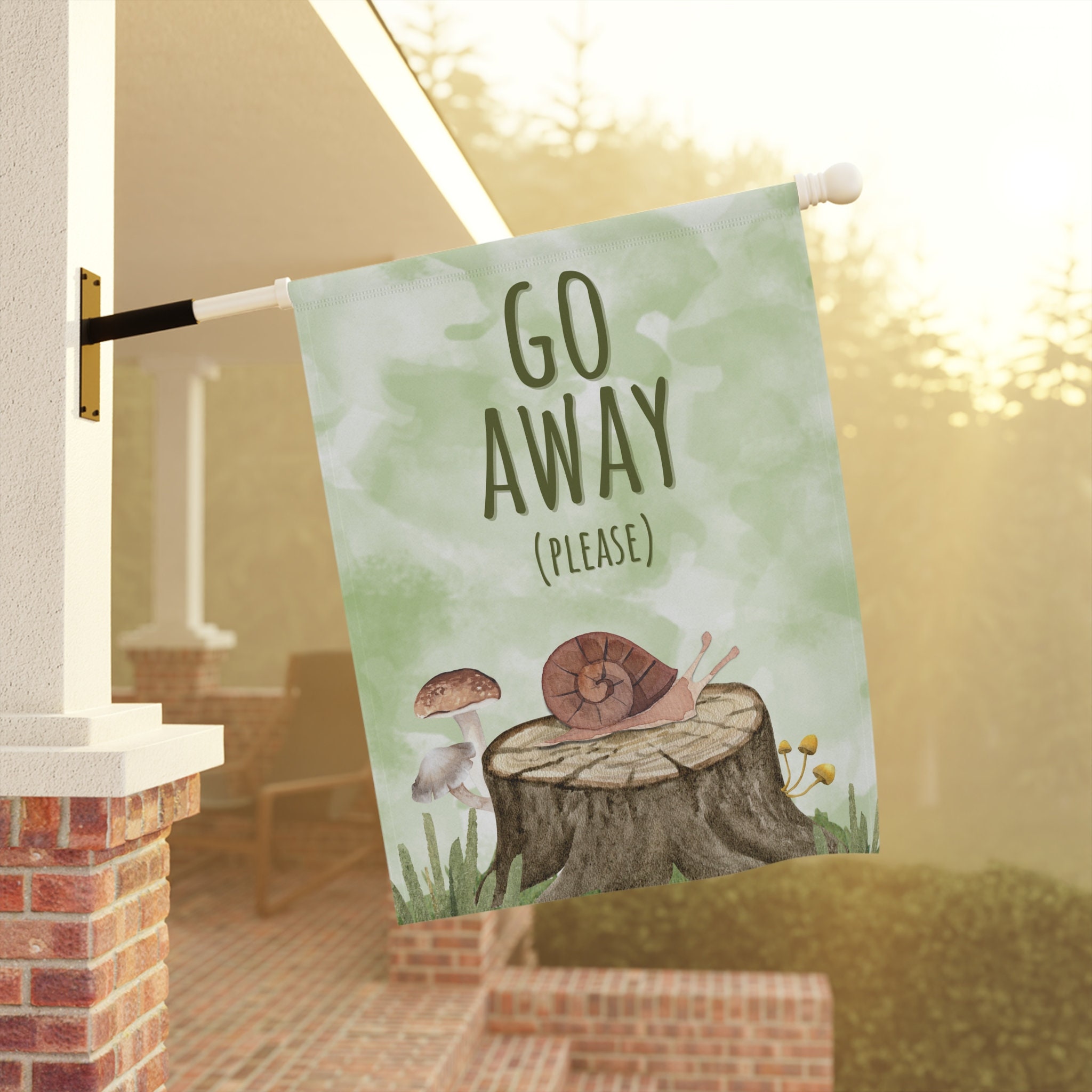 Go Away (please) Adorable Snail on Stump Garden Flag House Banner ...