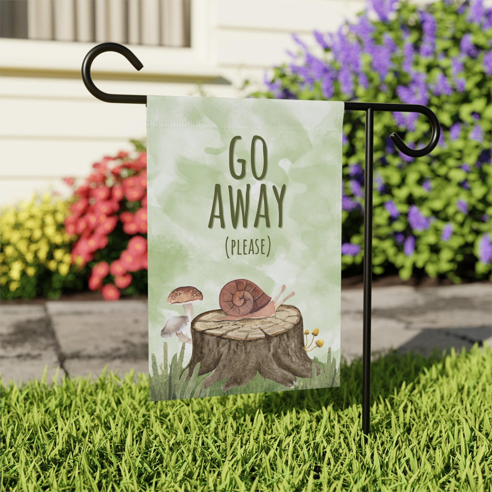 Go Away (please) Adorable Snail on Stump Garden Flag House Banner ...