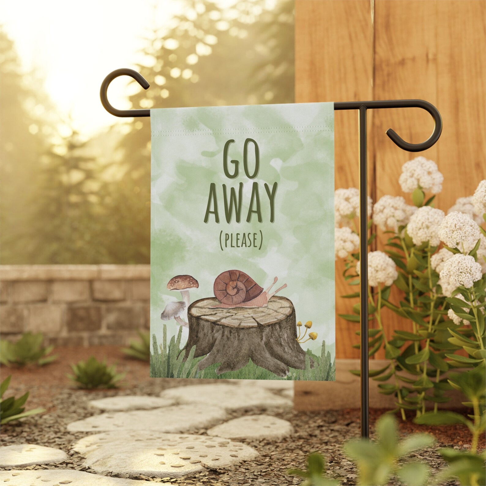 Go Away (please) Adorable Snail on Stump Garden Flag House Banner ...