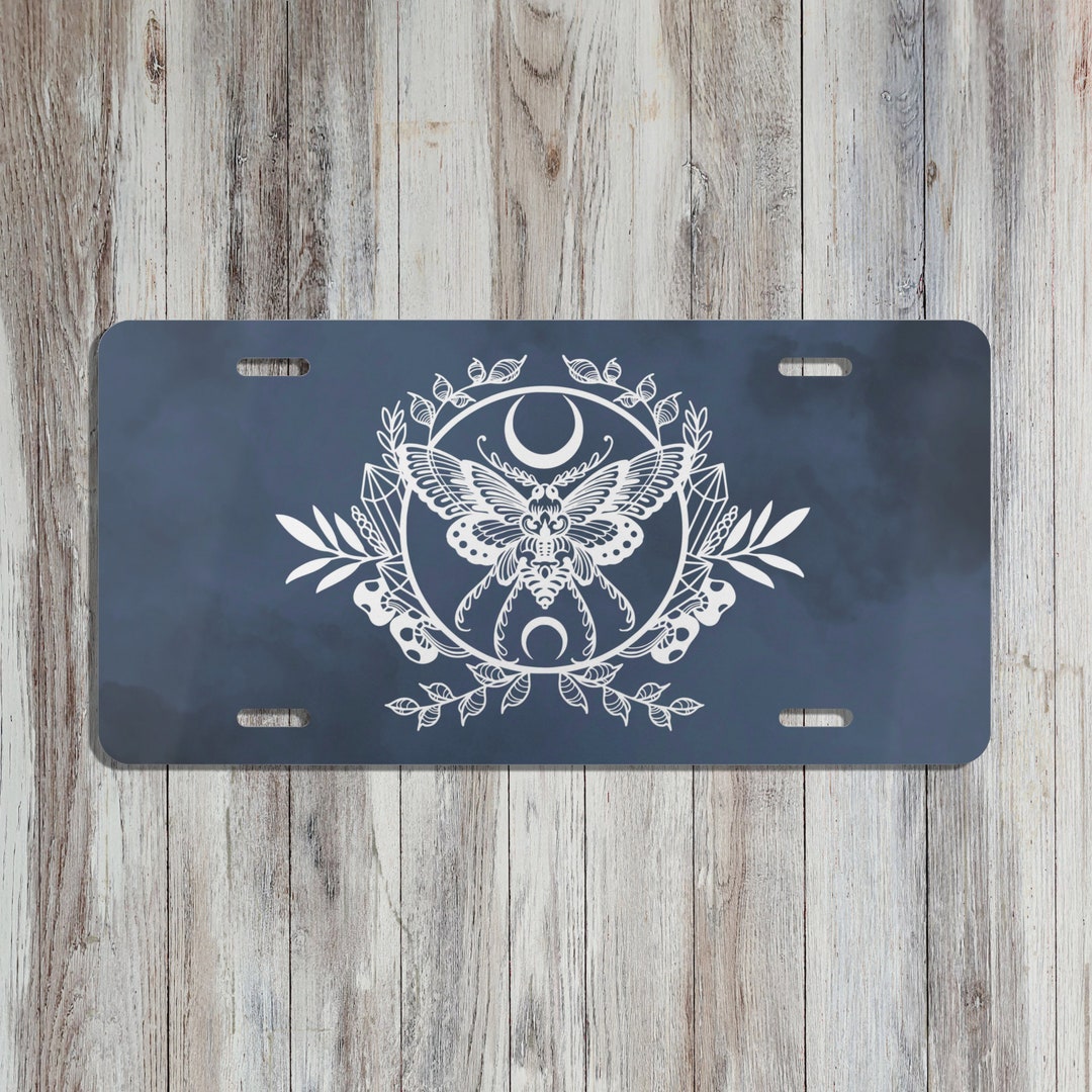 Pretty White Crescent Moon Moth License Plate | Unique Car Accessories ...
