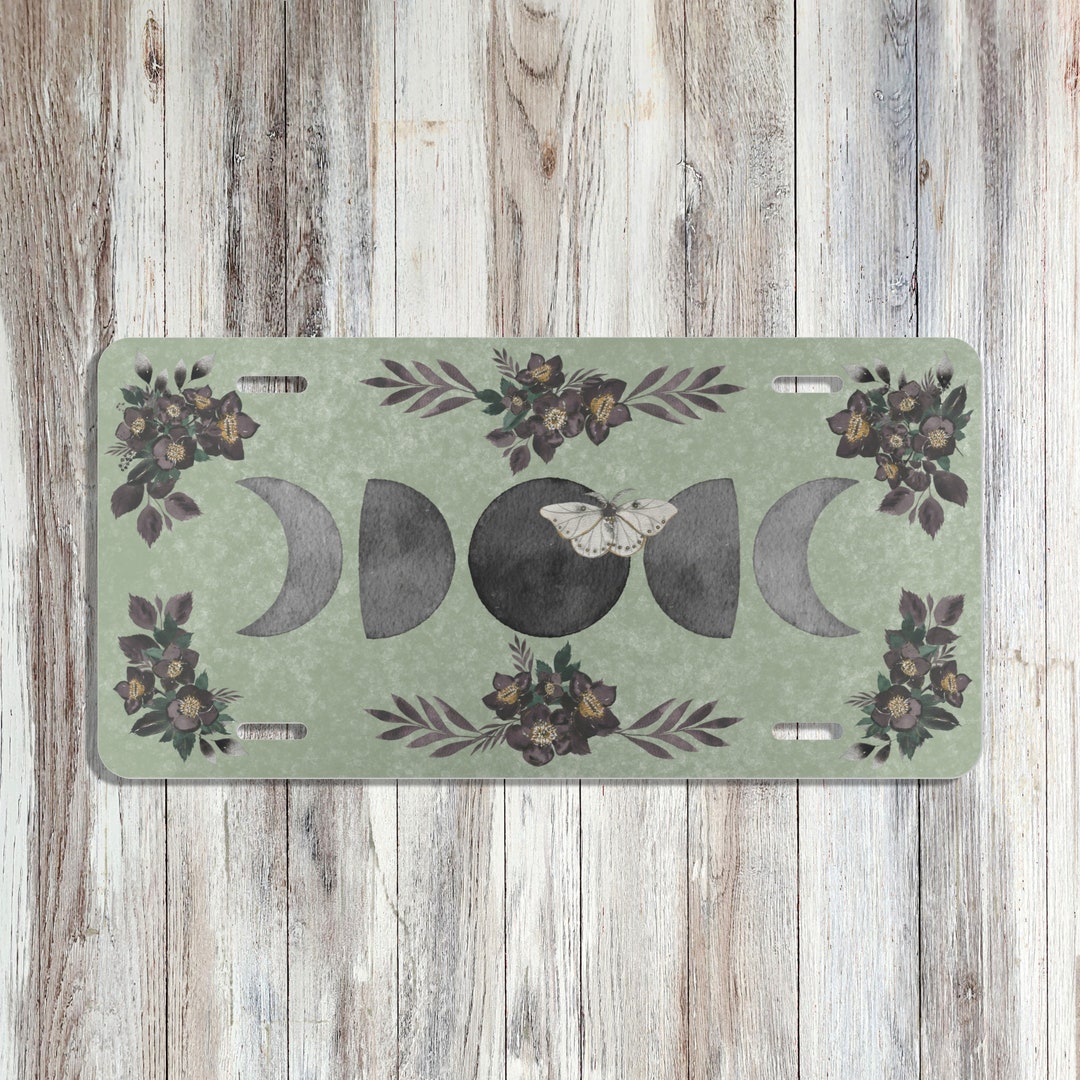 Front Painted Moon Phase Moth License Plate | Green Front Car Plate ...