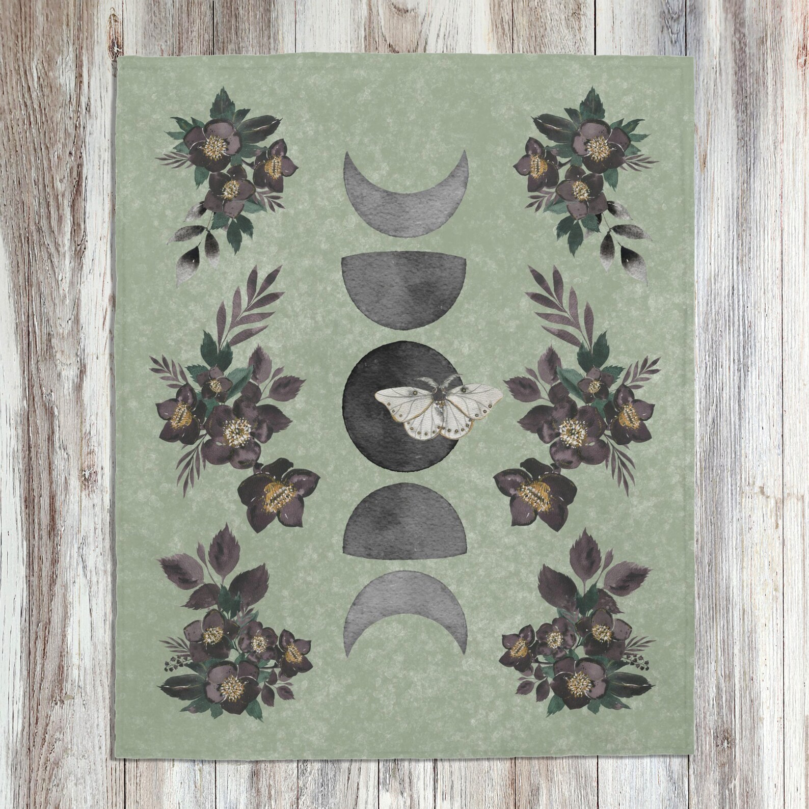 Moon Phases Blanket Watercolor Moth With Flowers Accent Throw - Etsy