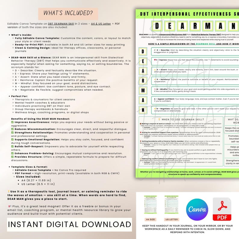 DBT DEARMAN Skill Handout: Editable Canva Template & Printable PDF - Etsy