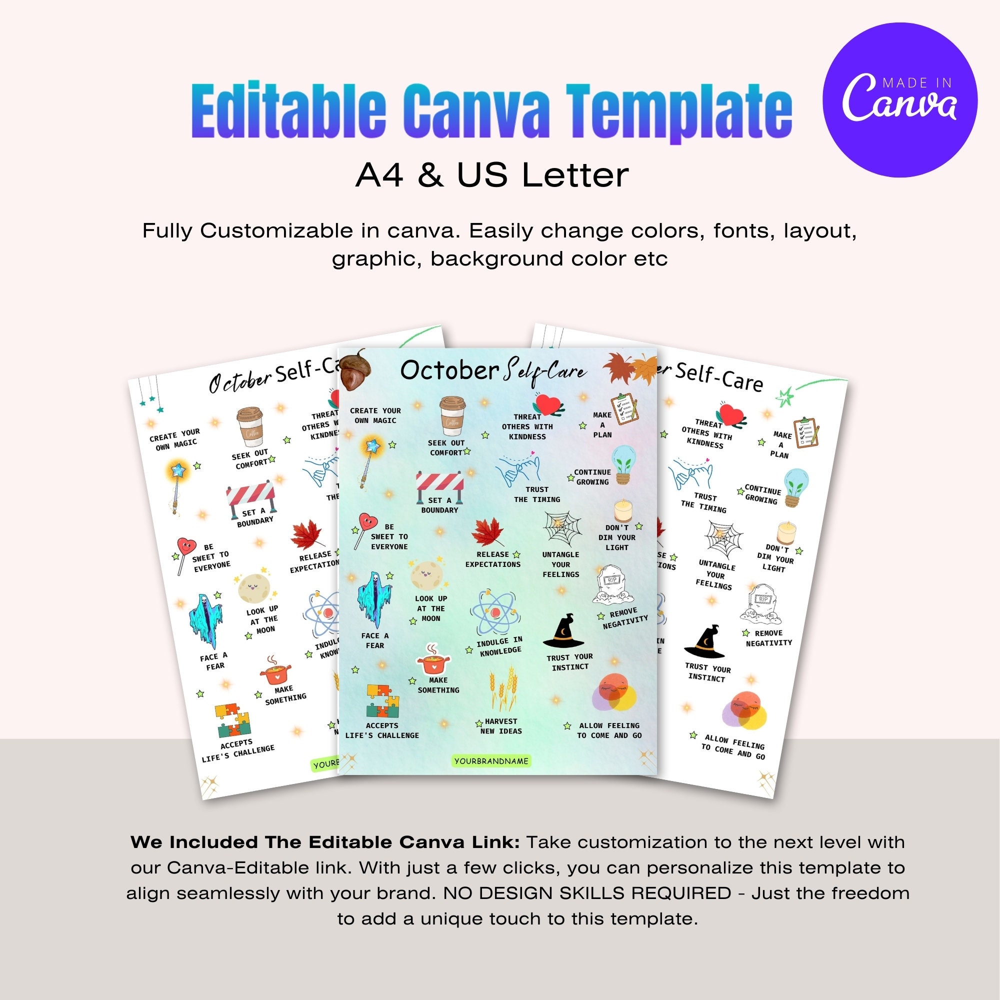 October Self Care Handout, Coaching Canva Template, Mental Health ...