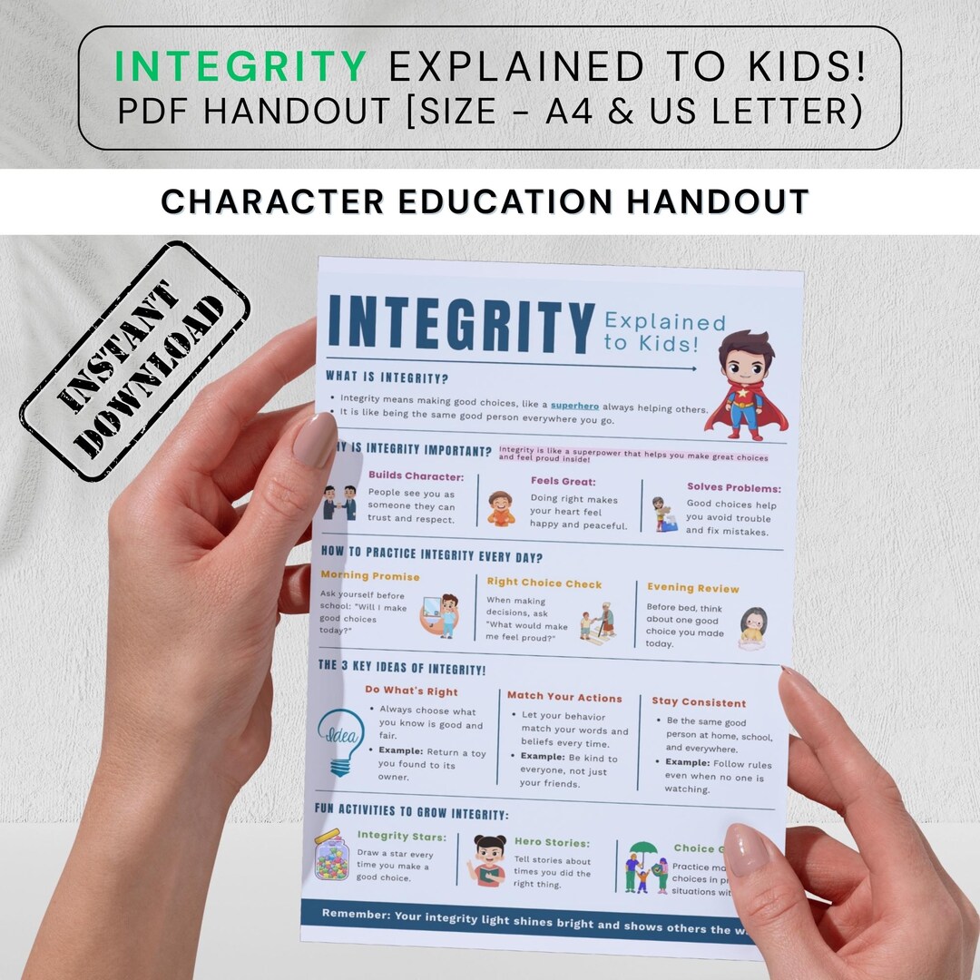 Integrity Handout for Kids & Teens: Character Education Worksheet (PDF ...