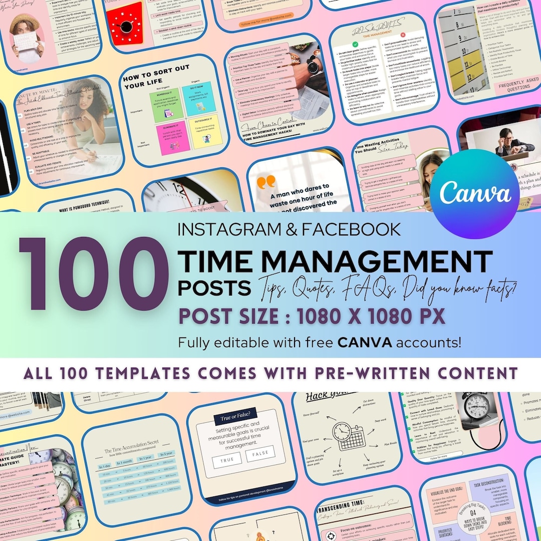 100 Time Management Instagram Post, Canva Template, Social Media Post ...