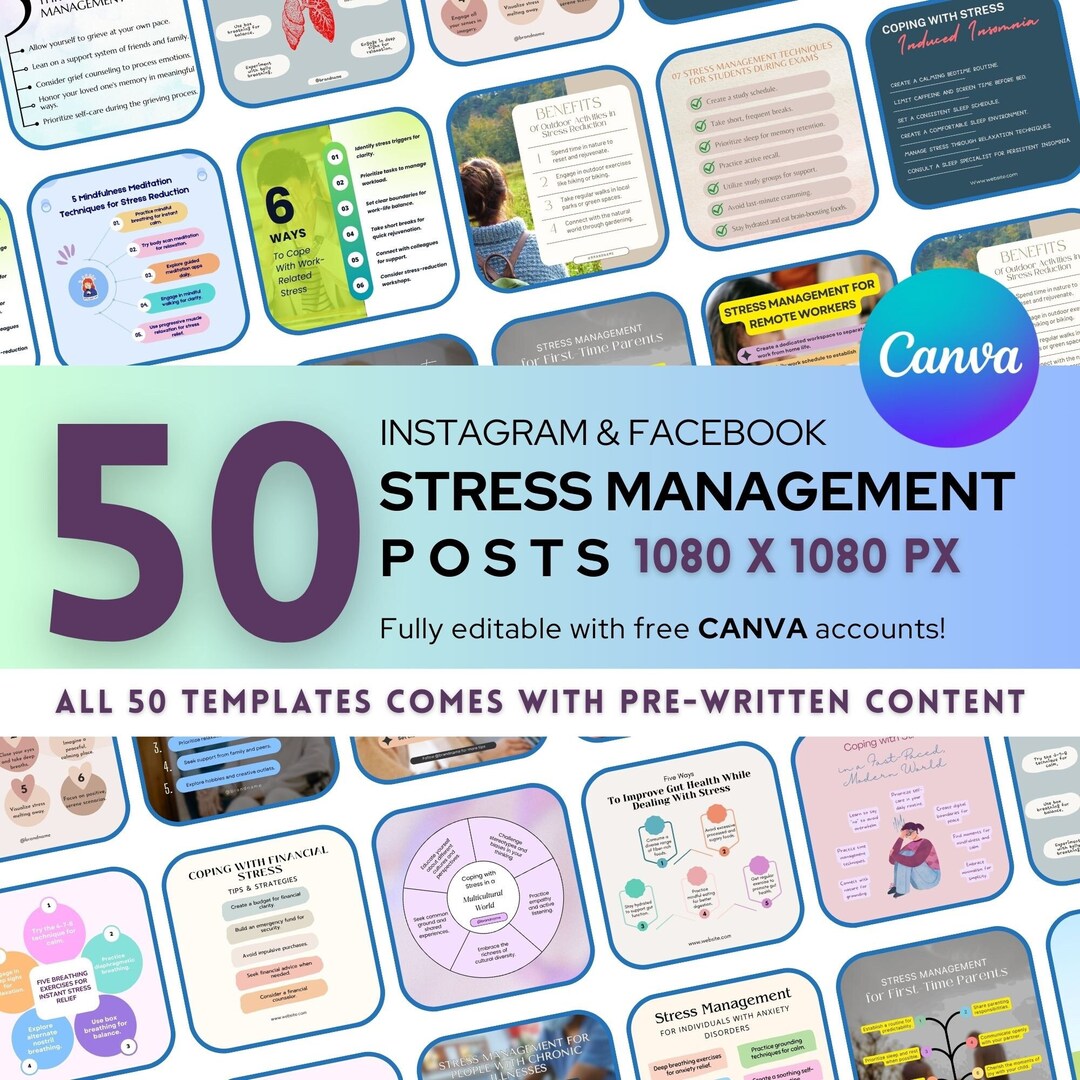 Stress Management Instagram Bundle: 50 Counselor Social Media Post ...