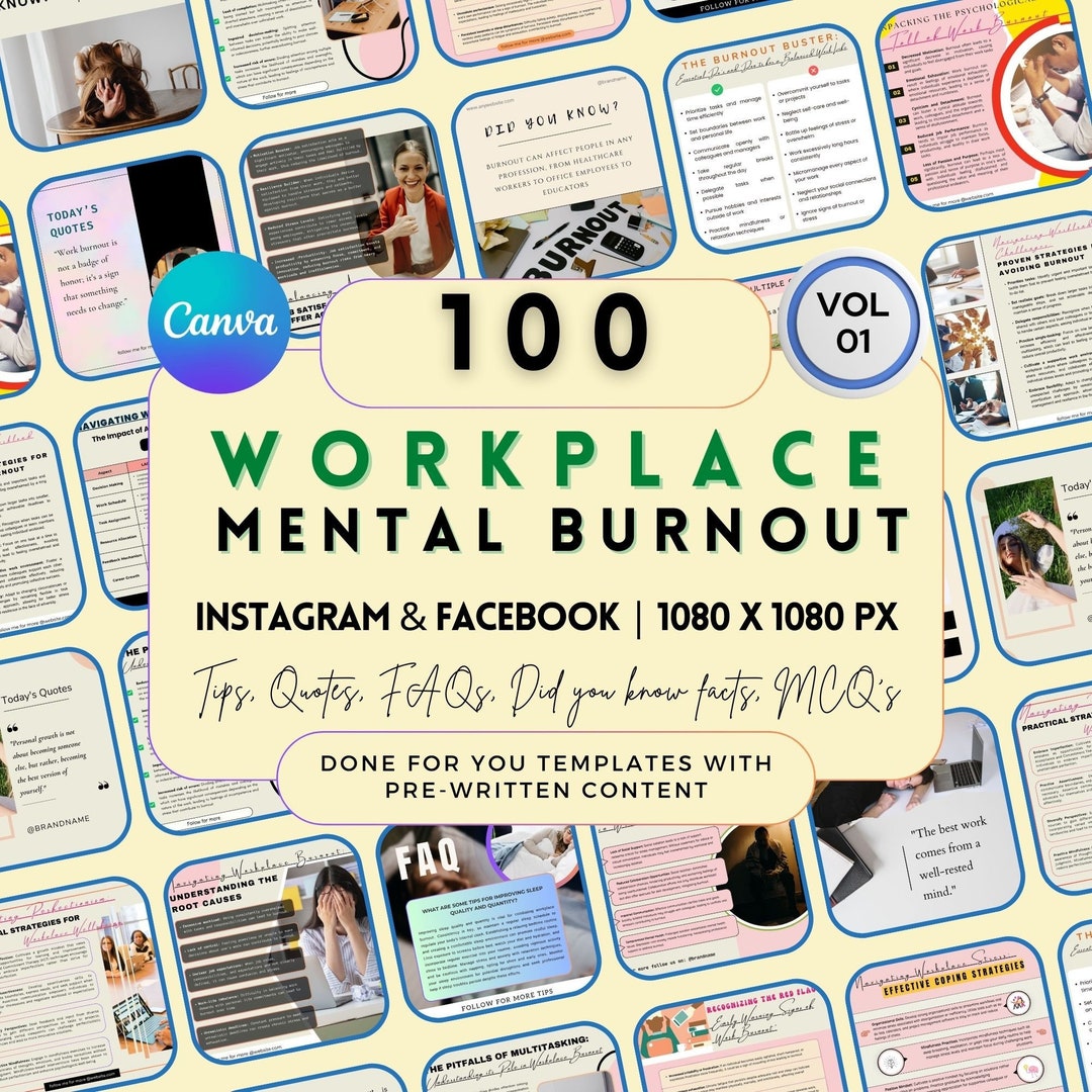 Workplace Mental Burnout Instagram Bundle: 100 Editable Canva Templates ...