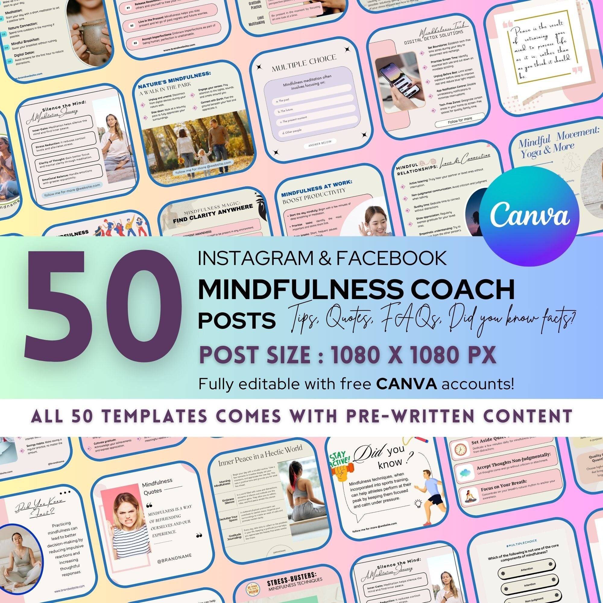 50 Mindfulness Coach Instagram Template, Mental Health Canva Post, Therapist Template, Social ...
