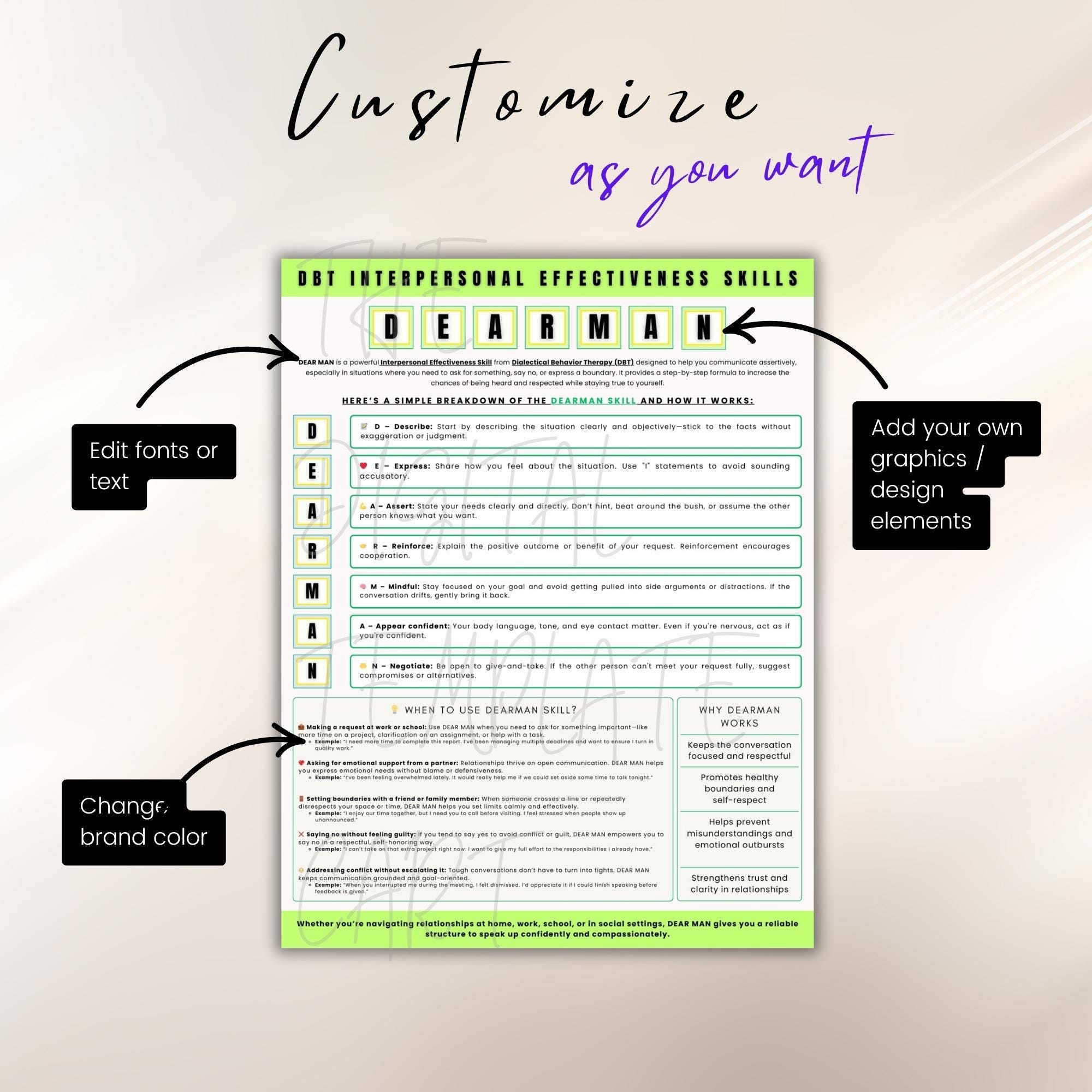 DBT DEARMAN Skill Handout: Editable Canva Template & Printable PDF - Etsy