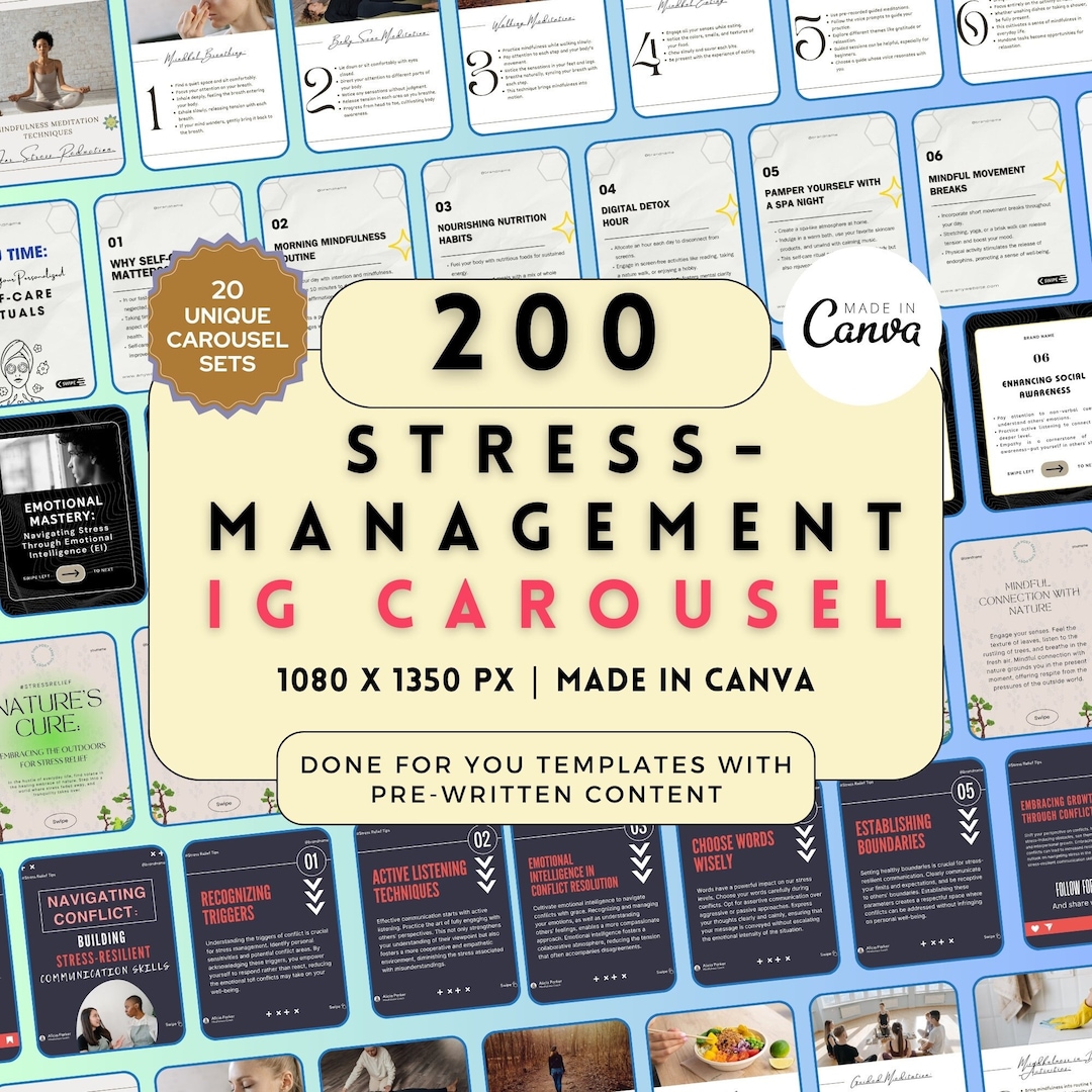200 Stress Management Instagram Carousel Templates. Stress Relief Canva ...