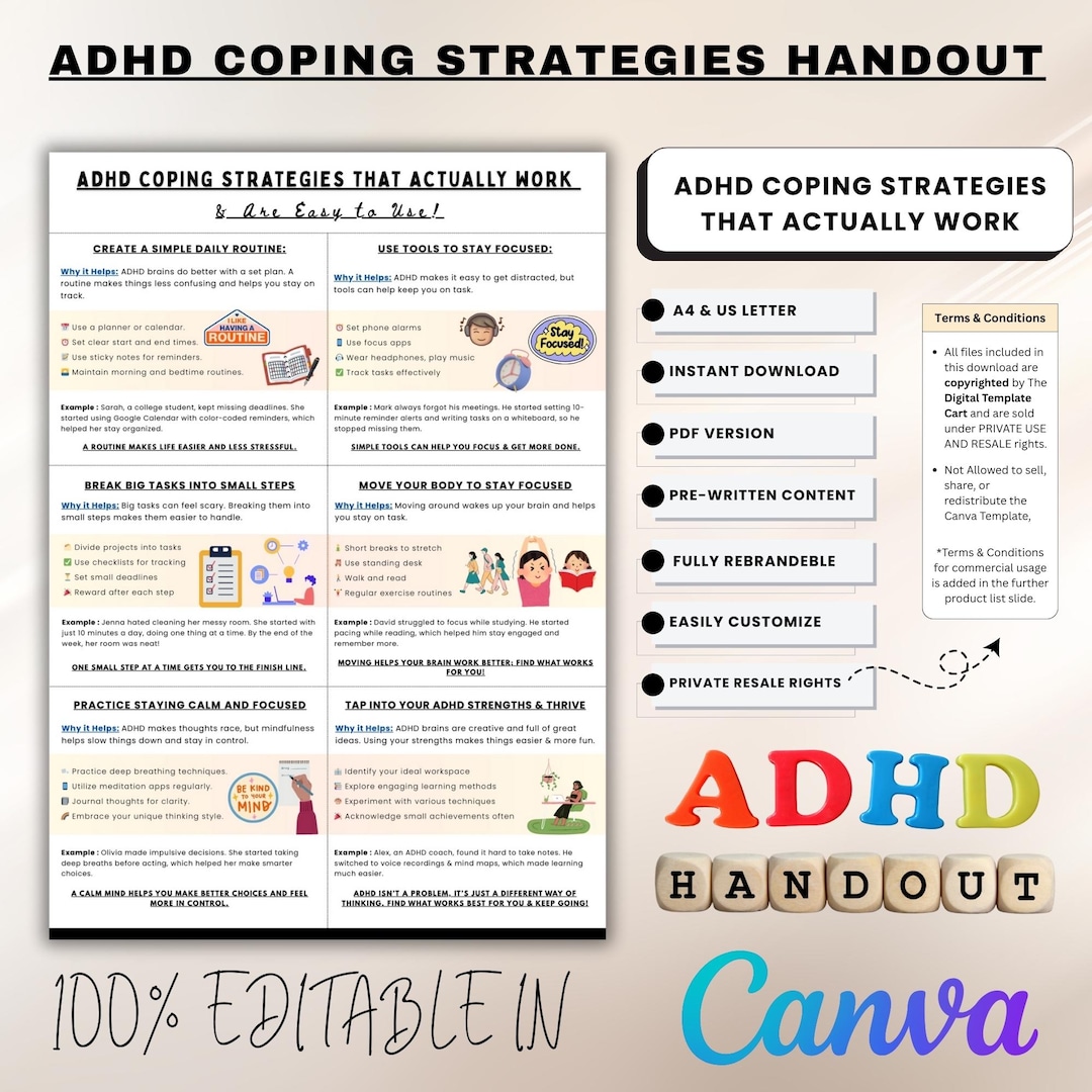 ADHD Coping Strategies Handout: Editable Canva Template + PDF Download ...