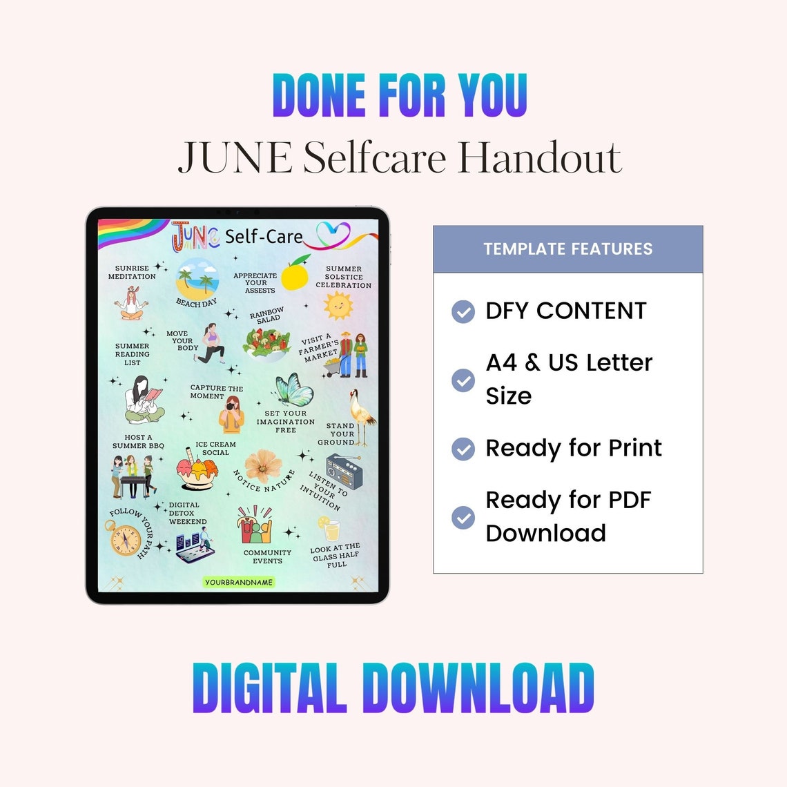 June Self Care Handout, Self Care Coaching Canva Template, Mental ...