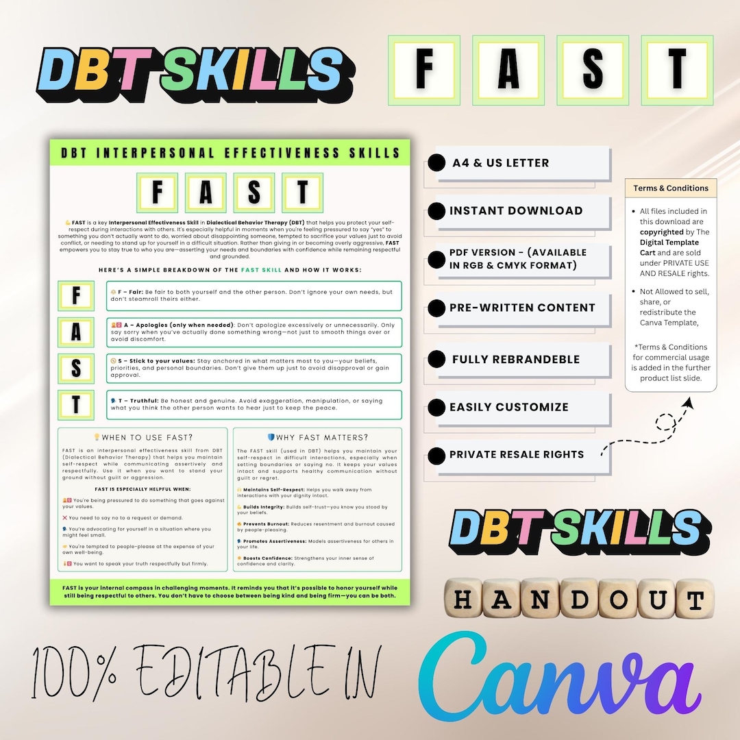 DBT FAST Skills Handout: Therapy Printable & Canva Template (PLR ...