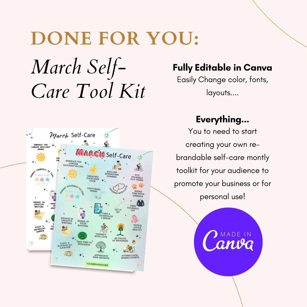March Self Care Handout, Self Care Coaching Canva Template, Mental ...