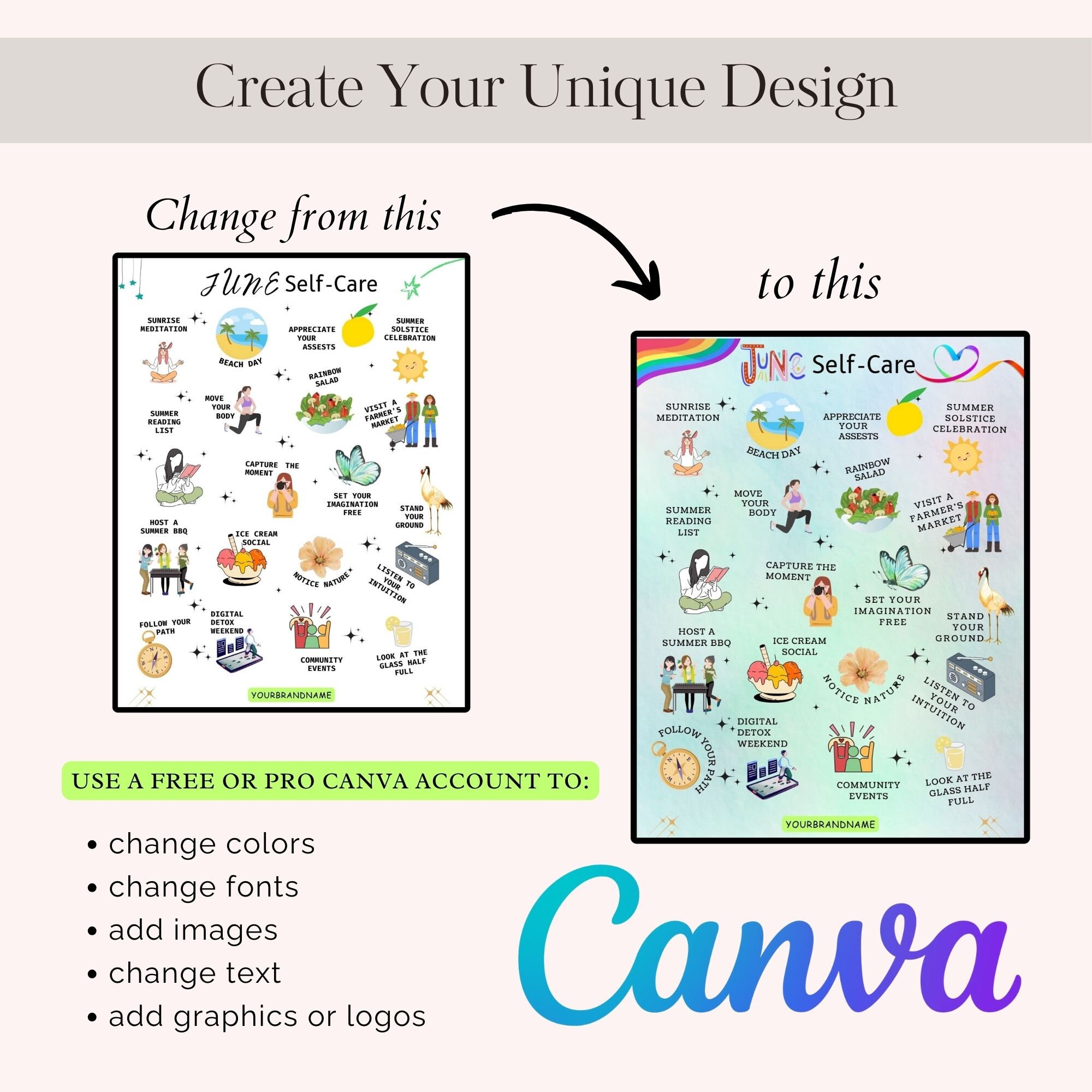 June Self Care Handout, Self Care Coaching Canva Template, Mental ...