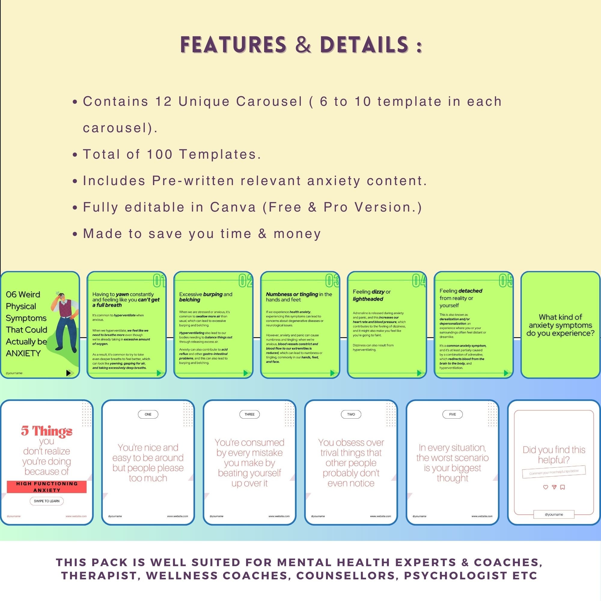 Anxiety Instagram Carousel Bundle: Editable Canva Templates (mental ...