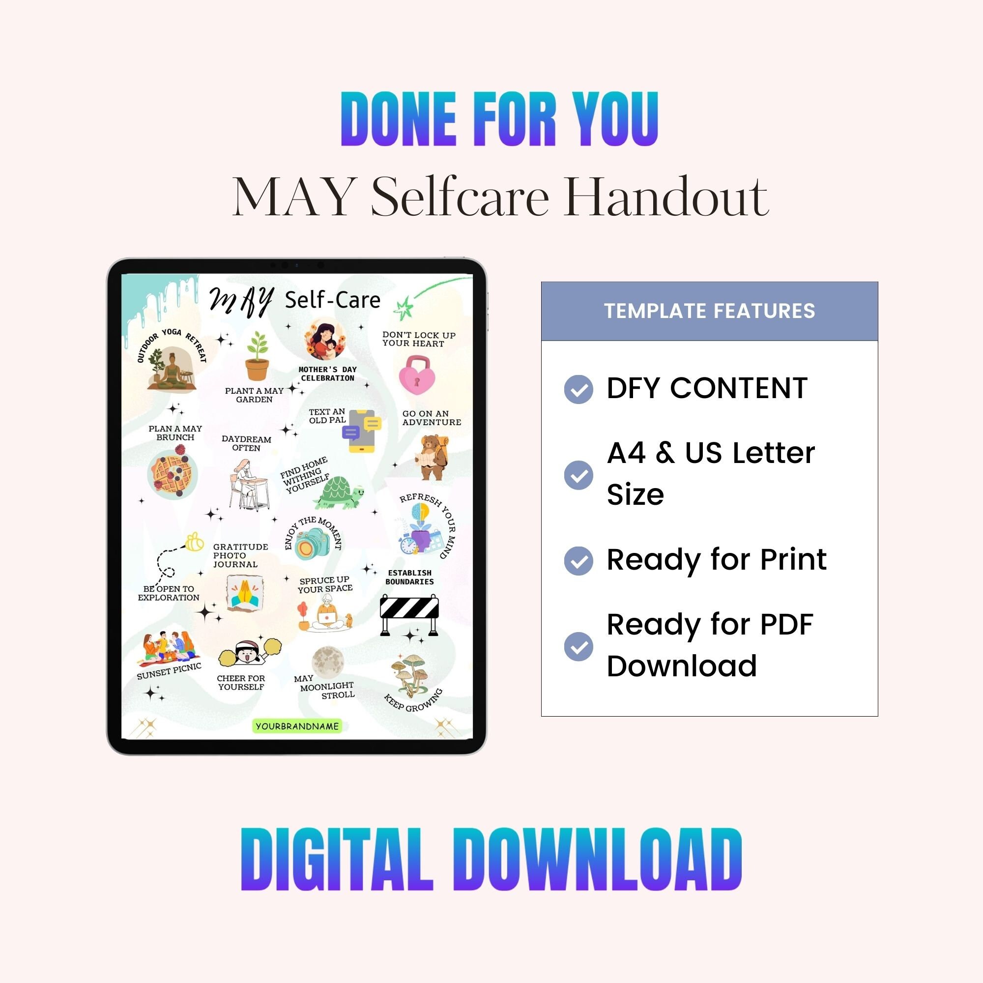 May Self Care Handout, Self Care Coaching Canva Template, Mental Health ...